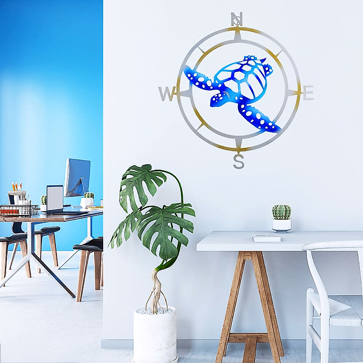 SVEIKS Sea Turtle Wall Art Decor, 15.75" Ocean Themed Round Metal Compass for Indoor Outdoor Living Room Bathroom Hallway Garden Deck