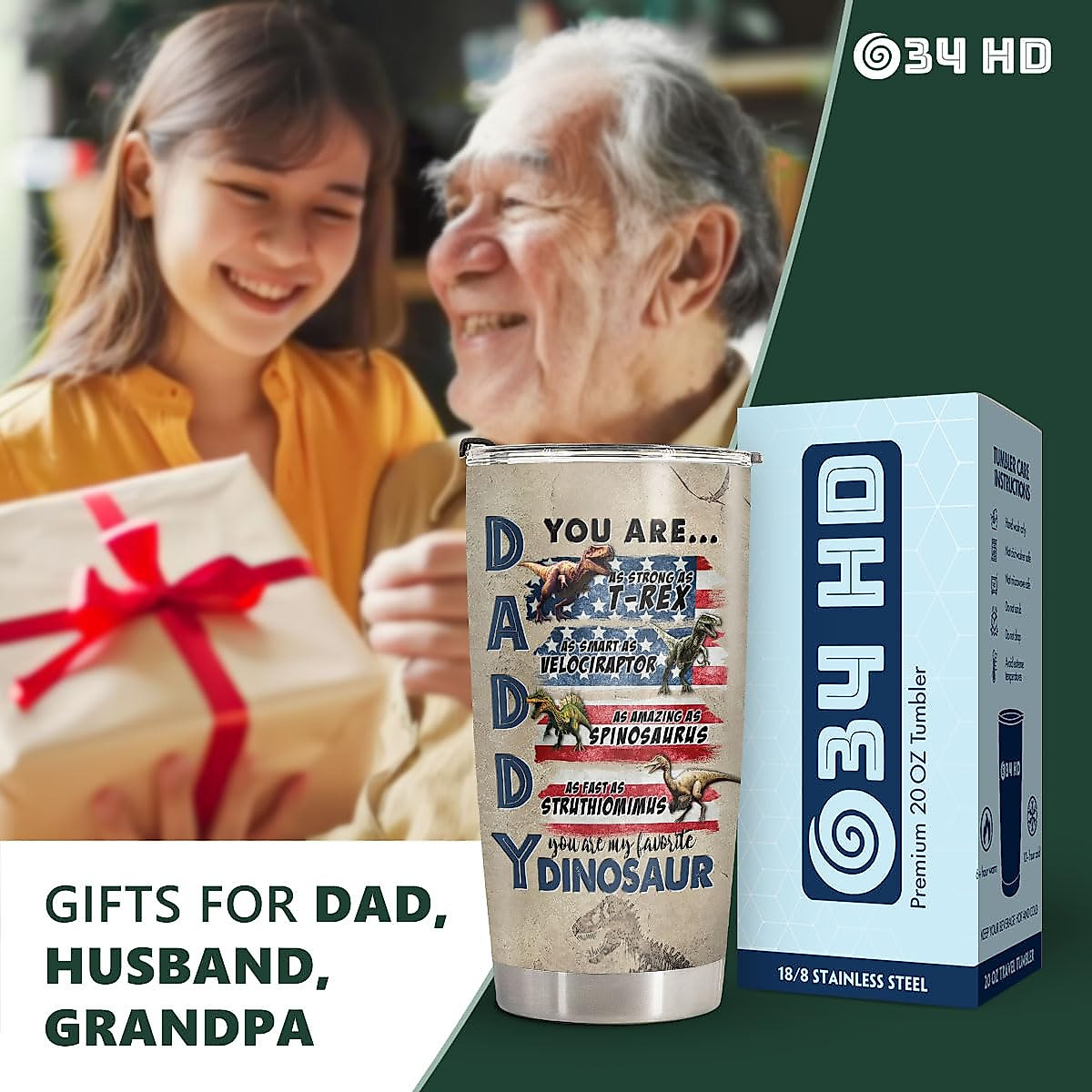 34HD Daddysaurus Tumbler with Lid, 20oz Stainless Steel Insulated Dinosaur Dad Mug, Funny Daddy Drinking Cup, Birthday Christmas Father Day Gifts for New Papa Bonus Dad Husband Grandpa