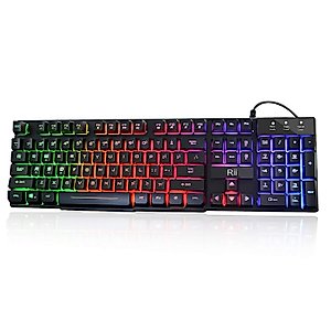 Rii RK100+ Multiple Color Rainbow LED Backlit Large Size usb Wired Mechanical Feeling Multimedia Gaming Keyboard,Office Keyboard For Working or Primer Gaming,Office Device (Renewed)