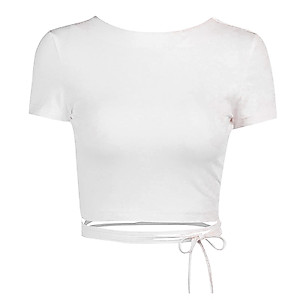 Bravetoshop Women's Summer Crop Top Basic Short Sleeve Crewneck Crisscross Cut Out Strappy Tie Backless Tee Tops (White,L)