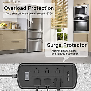 Outdoor Power Strip Weatherproof, Waterproof Surge Protector with 6 Outlets 3 USB Ports 9.6FT Long Extension Cord Overload Protection, Wall Mountable Outlets Strip for Deck Yard Garden Lights, Black