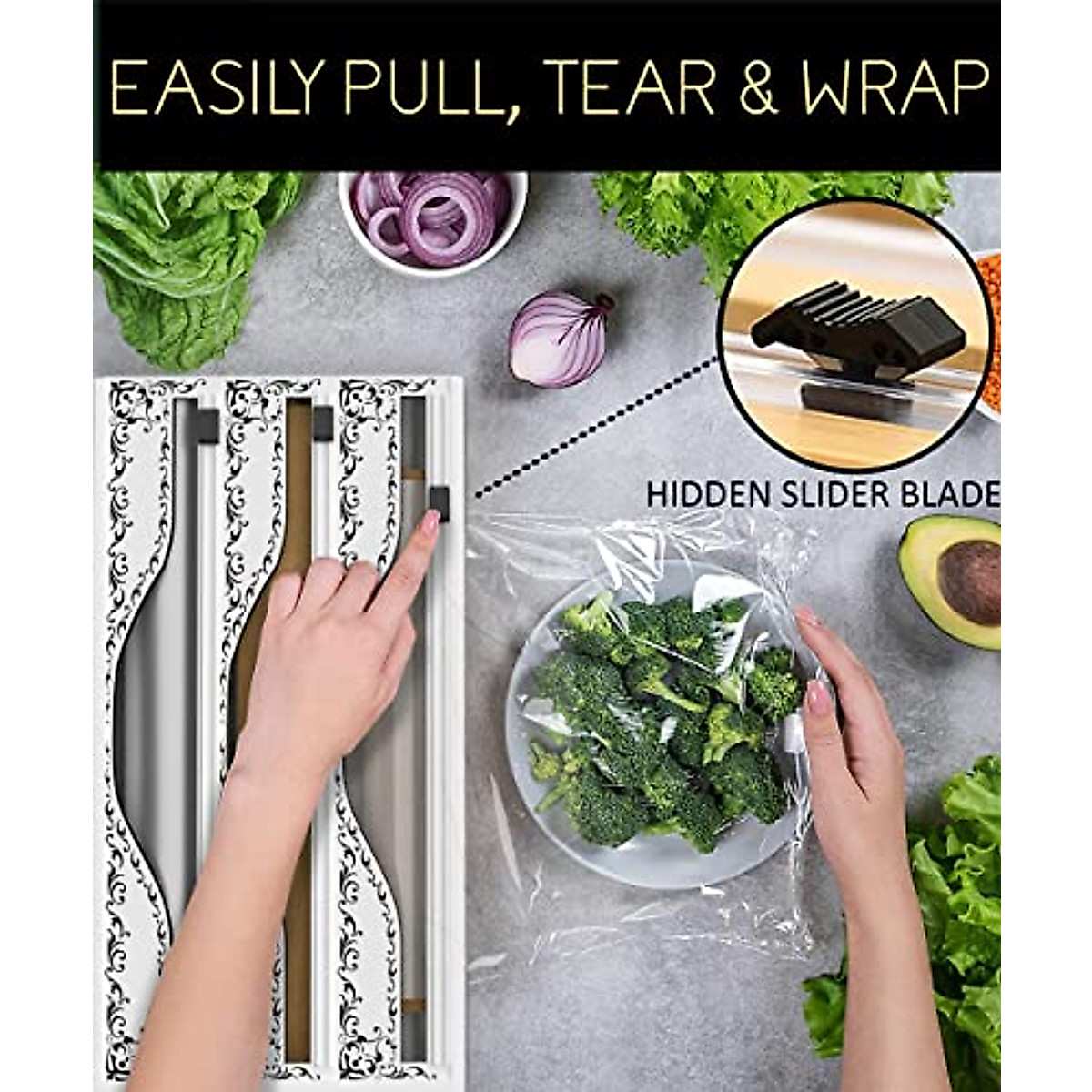 Extra Long Foil and Plastic Wrap Organizer for 15" Rolls, 3 in 1 Plastic Wrap Dispenser with Cutter, Aluminum Foil Organization And Storage, Parchment, Wax Paper Dispenser for Drawer