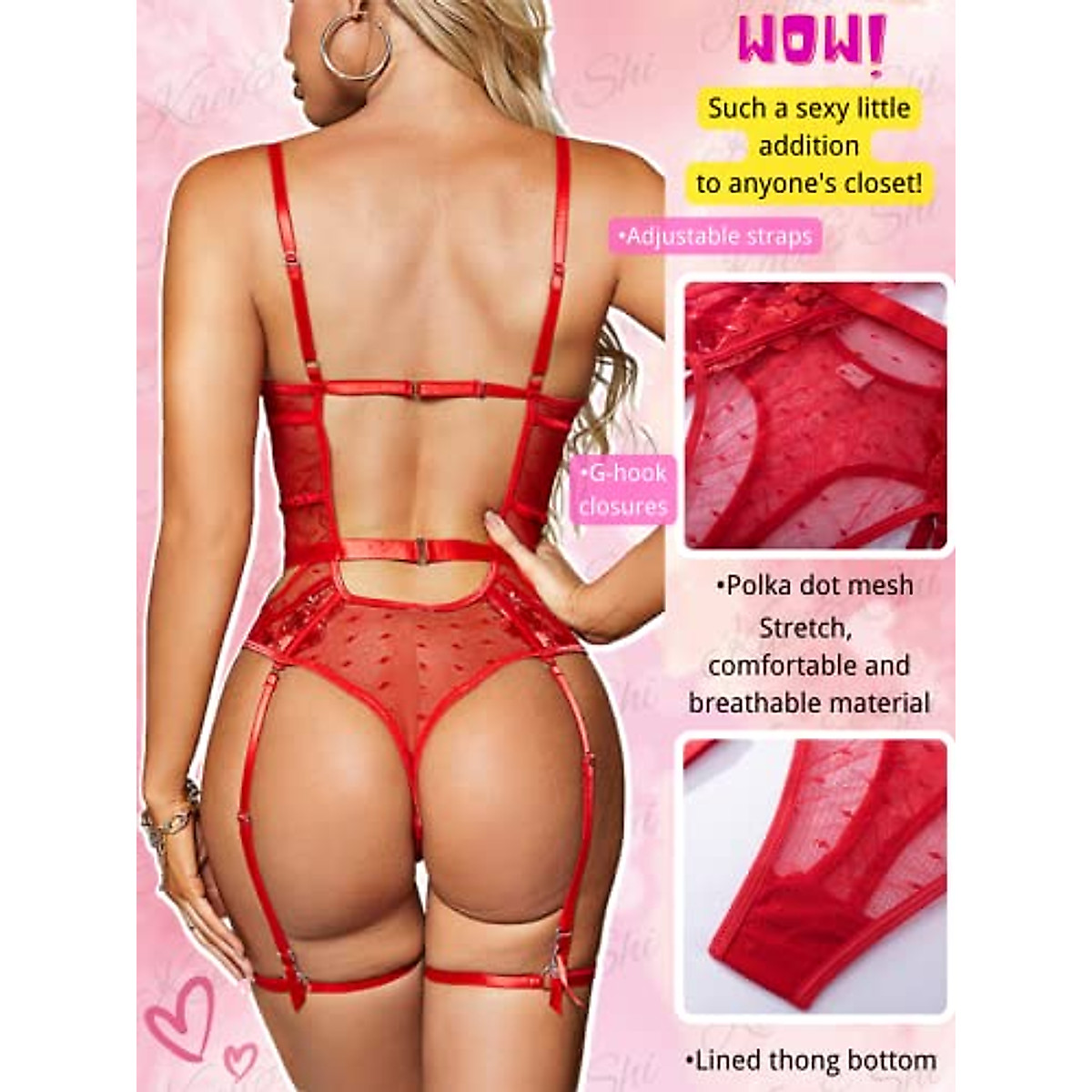 Kaei&Shi Bodysuit Lingerie for Women,Plunge Underwire Floral Lace Teddy Lingerie,Sexy Cutout Thong One Piece Body Suit with Garter Boudoir Red Medium