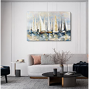 Yuegit Ocean Wall Art Sailboat Canvas Wall Art : Coastal Wall Decor Abstract Wall Art for Living Room Framed Prints for Home Decor Ready for Hang for Bedroom Bathroom Dining Room 24X36 Inch