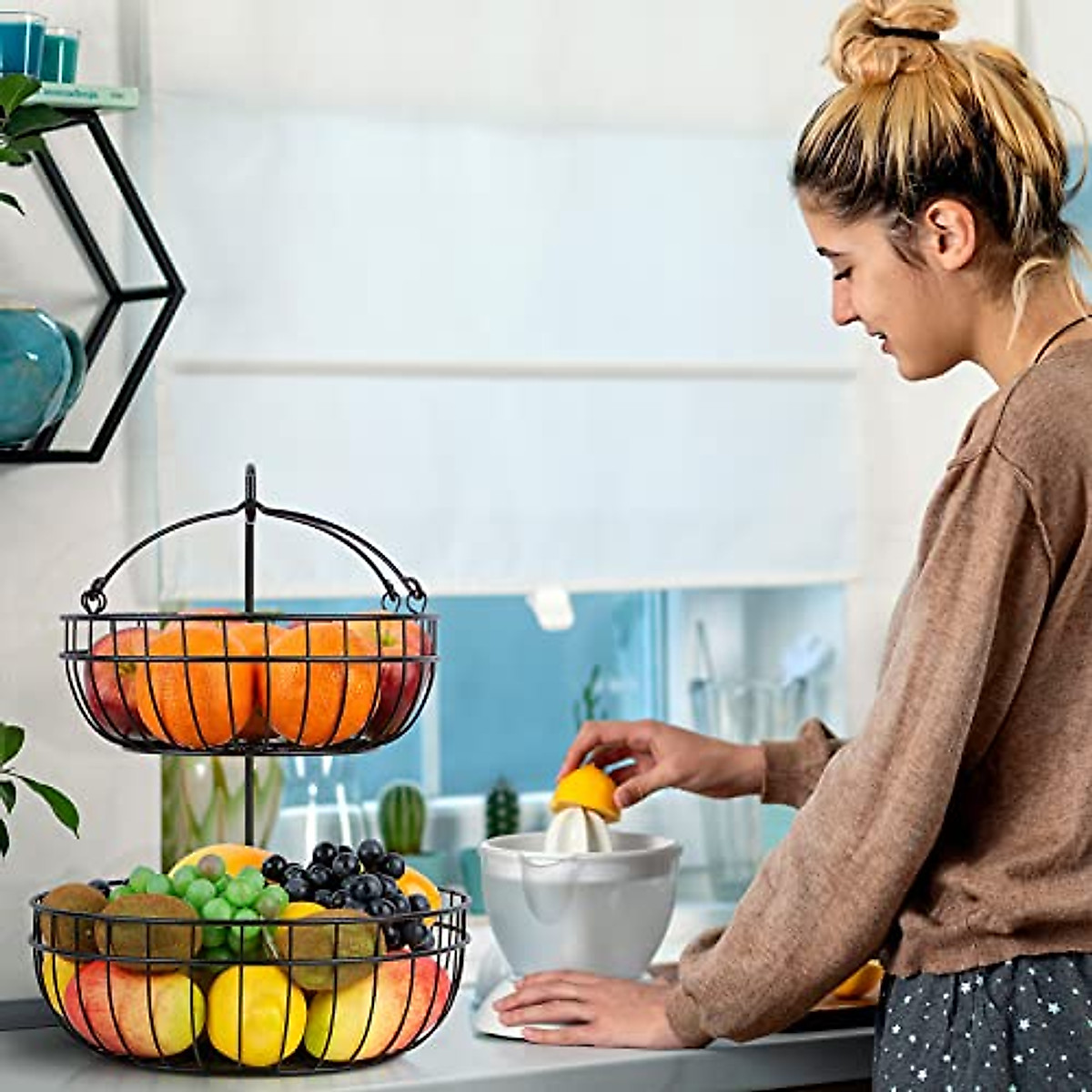 2- Tier Fruit Basket for Kitchen Counter, Homewill Fruit Basket with Banana Hanger, Hanging Wire Fruit Vegetable Basket Bowls Storage for Countertop