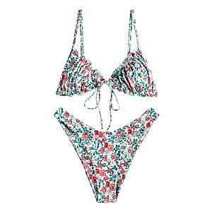 ZAFUL Women's Ruffled Textured Bow Tie Bikini Ditsy Floral Printed Swimsuit Two Piece Bathing Suit Green L