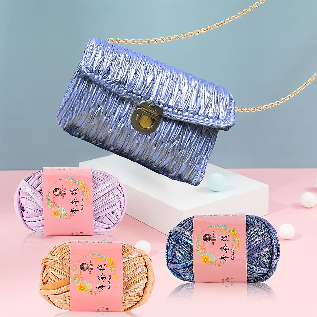 Rolin Roly 3Pcs Knitting Yarn Khaki Yellow Cotton Yarn Blue Soft Fabric Crochet Cloth for Summer Hand DIY Knitted Fabric Art Basket Bag Long30m