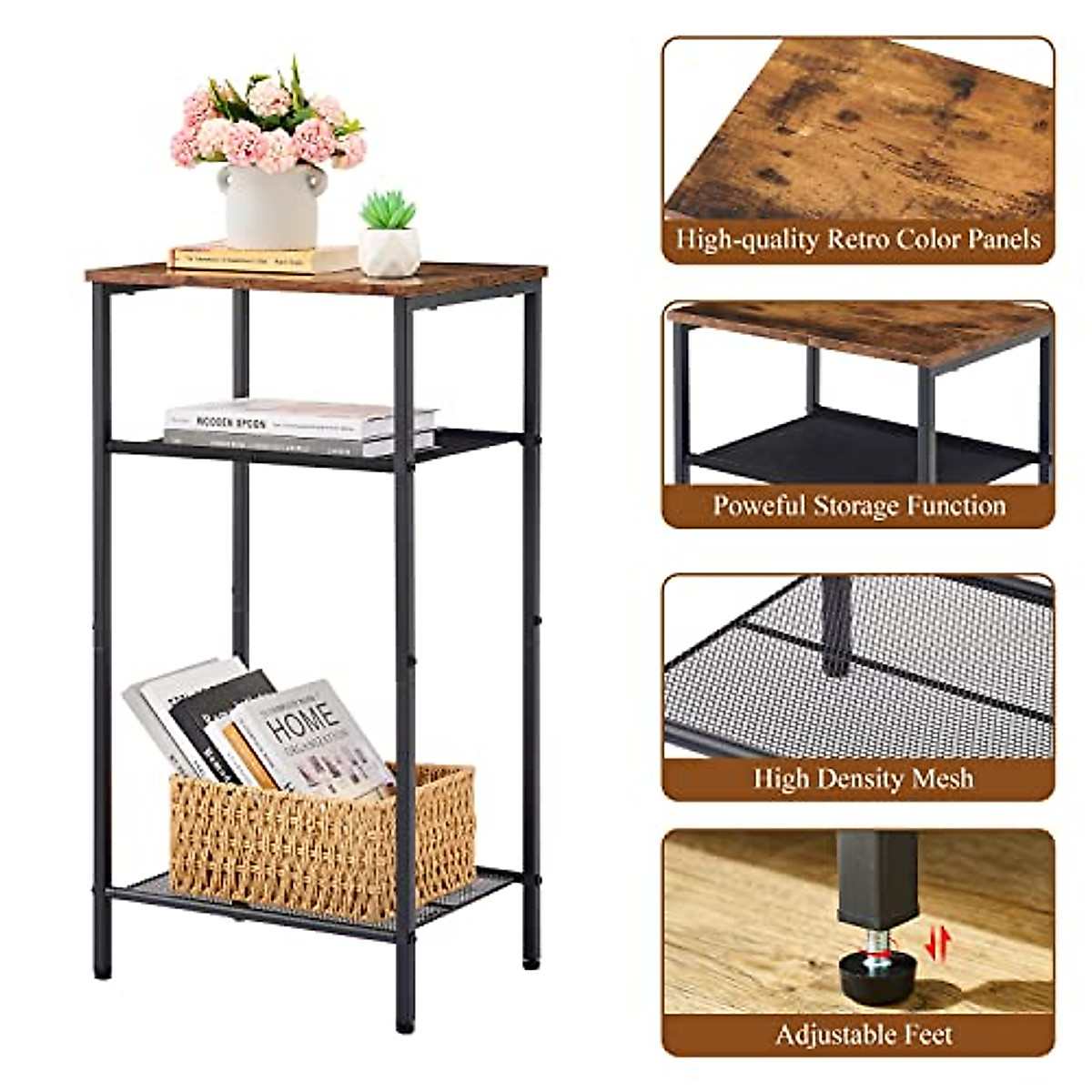 Hoctieon 3 Tier End Table, Telephone Table, Narrow Side Table with Storage, Nightstand for Small Spaces, Metal Frame, For Living Room, Bedroom, Sofa Couch, Hall, Easy Assembly, Rustic Brown