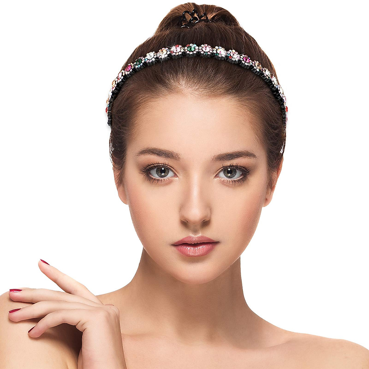 Hoteam Chic Flower Style Crystal Rhinestone Beaded Headbands with Comb for Women and Girls - Non-Slip Hair Accessories