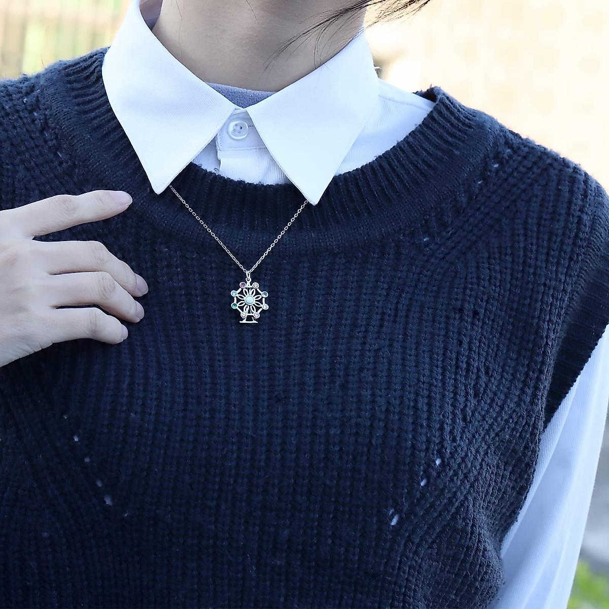 Silver Spinner Ferris Wheel Necklace - 925 Sterling Silver Romantic Fidget Anxiety Ferris Wheel Jewelry Necklaces for Women, Christmas Gifts Dainty Multi Gemstone Ferris Wheel Opal Necklace for Her