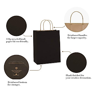 BagDream Recyclable Kraft Paper Gift Bag, 8x4.25x10.5 Inches, 100Pcs, Black, with Handles, Bulk, FSC Compliant, Multipurpose