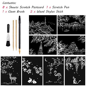 Scratch Paper Art Set, 8 Sheets Rainbow Painting Scratch Off Art Cherry Blossom & Animal Mini Postcard, Art Craft Supplies for Adults Girls & Boys Thanksgiving Christmas Birthday Party Game Gift