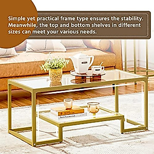 Yaheetech Rectangular Coffee Table, Tempered Glass Coffee Table with 2 Tier Storage Shelf, Modern Center Tea Table with Heavy-Duty Metal Frame for Home Living Room, Gold