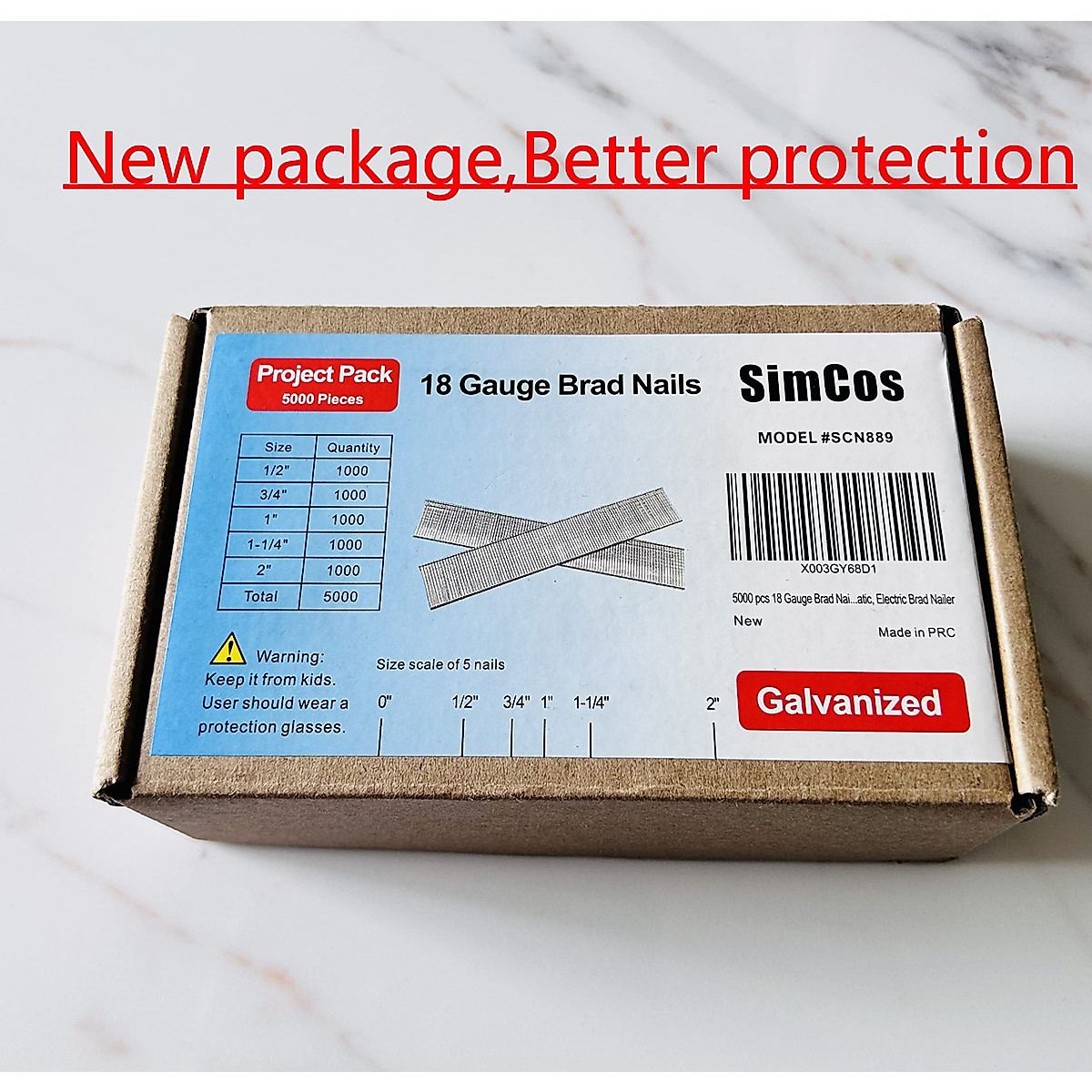 SimCos 5000 pcs 18 Gauge Brad Nails (1/2",3/4",1",1-1/4",2") Galvanized 18 GA Nail Gun Nails Assorted and Small Finishing Nails for Pneumatic, Electric Brad Nailer (package may be changed)