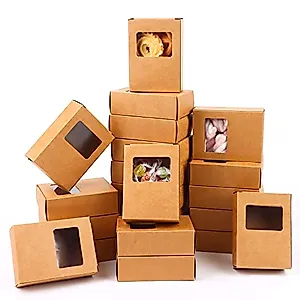 PINKXHY 100 PCS Mini Kraft Paper Box with Square Window Soap Packaging Boxes Craft Cardboard Present Box for Homemade Soap Favor Treat Bakery Candy, 3.5 x 2.6 x 1.2 Inch (Brown)