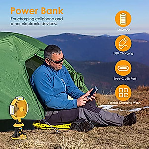 AKSOUL Cordless Fan Led Work Light: Rechargeable 14400mAh Battery Floor Fan Strong Airflow USB Magnetic Portable Camping Fan with Power Bank & Light 1000CFM for Jobsite Tent Travel Office outdoor