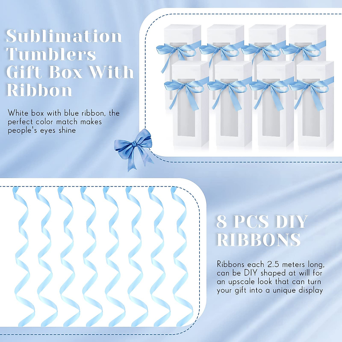 PerKoop 24 Pcs Tumbler Gift Boxes with Ribbon Sublimation Tumbler Transparent Exhibition Gift Boxes 12 oz, 20 oz, 30 oz Heat Press Sublimation Blanks Skinny Tumbler Gift Wrapping (White, Blue)
