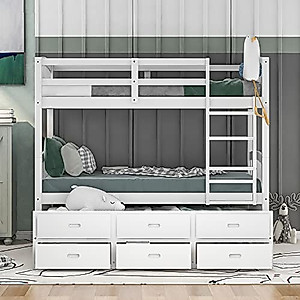 Merax Twin Over Twin Bunk Bed with Trundle and 3 Drawers, Solid Wood Bunk Bed Frame with Ladder and Full Guardrails, for Teens, White
