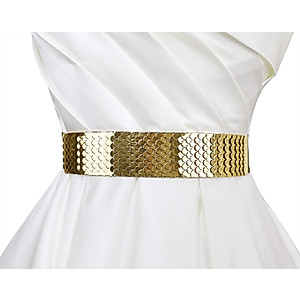 Bellady Fashion Women's Center-Scaled Texturized Metallic Stretch Belt,Gold