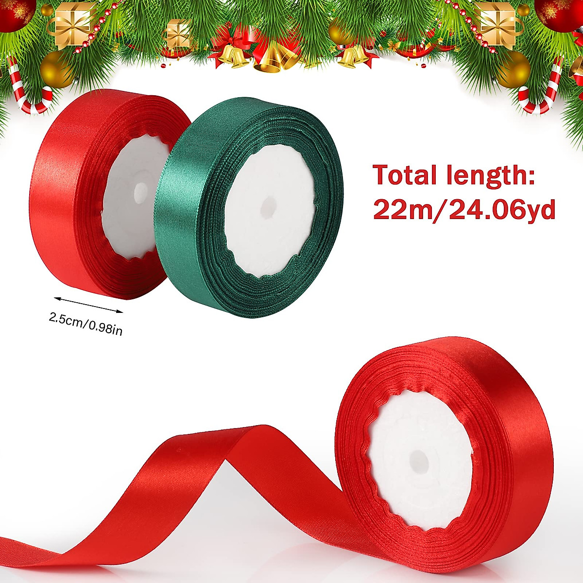 3 Rolls 75 Yard Christmas Satin Ribbon, 1 Inch Wide Gift Wrapping Ribbon Double Faced Polyester Ribbon Rolls Solid Satin Ribbon for Christmas Wedding Party DIY Craft Making (Red, Green, Gold)