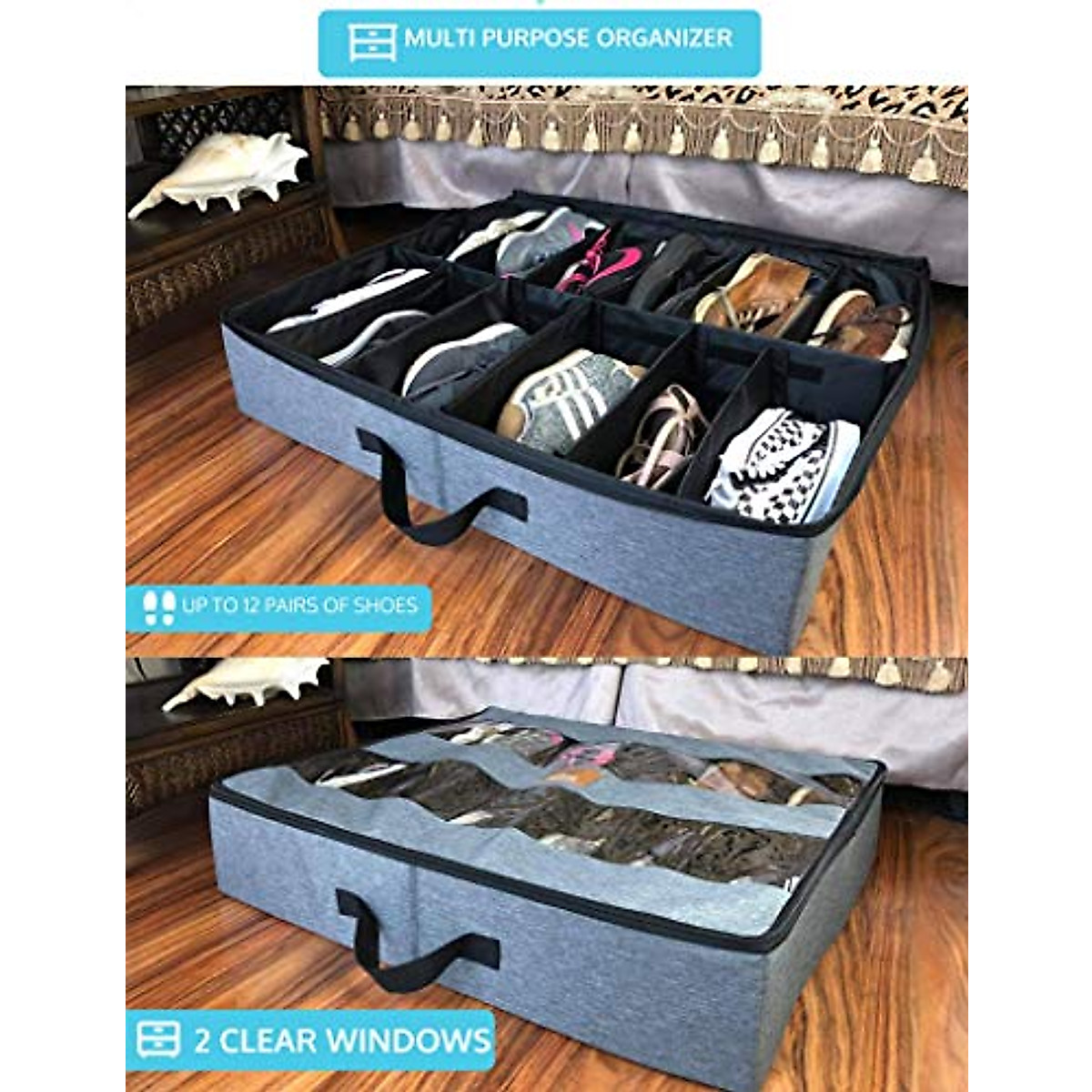Norse 2 in 1 Large Underbed Storage Bags Organizer Container 2 Sturdy Zippers, Blankets Clothes Comforters Foldable Storage Bags with Clear Window (SET OF 2: 2-in-1 Under bed Organizer, Grey)