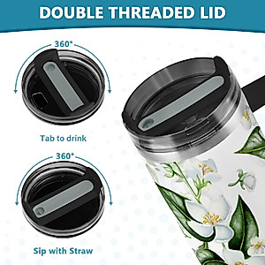 Yasala Car Tumbler with Handle White Flower Green Leaves Travel Mug Coffee Cup Insulated Beverage Container Mega Cup for Hot Cold Drinking Thermos Water Bottle Cupholder Friendly 40 oz