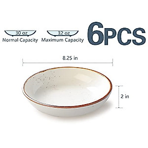 ONEMOER 30 Oz Porcelain Salad Pasta Bowls, Shallow & Wide Bowls Plates Set of 6, Large Ceramic Serving Bowls for Soup, Dessert, Pizza, Fruit. Microwave & Dishwasher Safe Kitchen Dinnerware, White