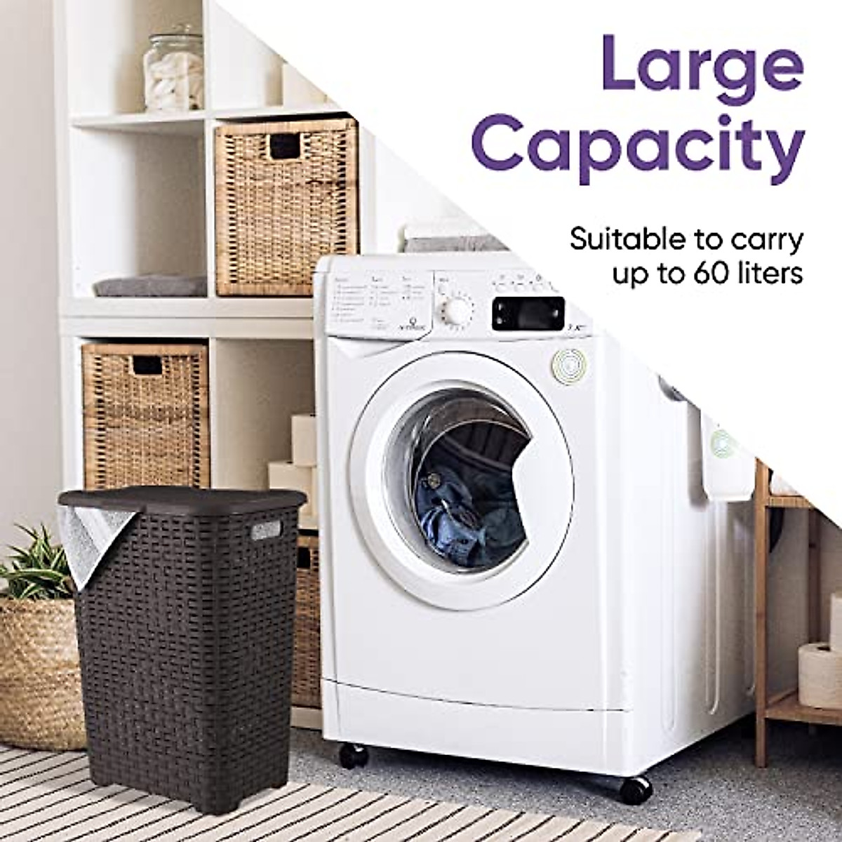 Superio Laundry Hamper Basket With Easy Open Lid 60 Liter Brown, Large Wicker Hamper, Dirty Cloths Storage With Two Cutout Handles, Laundry Room Bin 1.70 Bushel