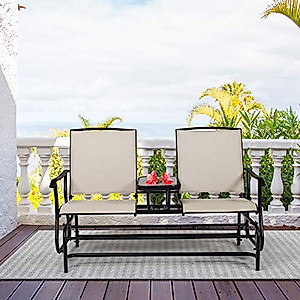 S AFSTAR Patio Glider Bench, 2-Person Outdoor Glider Chair with Center Table, Double Rocking Chair Loveseat for Patio Backyard Poolside Lawn (Beige)