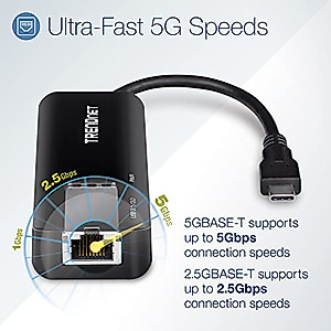 TRENDnet USB-C 3.1 to 5GBASE-T Ethernet Adapter, 2.5GBASE-T RJ-45, Integrated 12.6cm (4.9 in) USB Type C Cable, Compatible with Cat5e Or Better Cabling, Windows Compatible, Black, TUC-ET5G