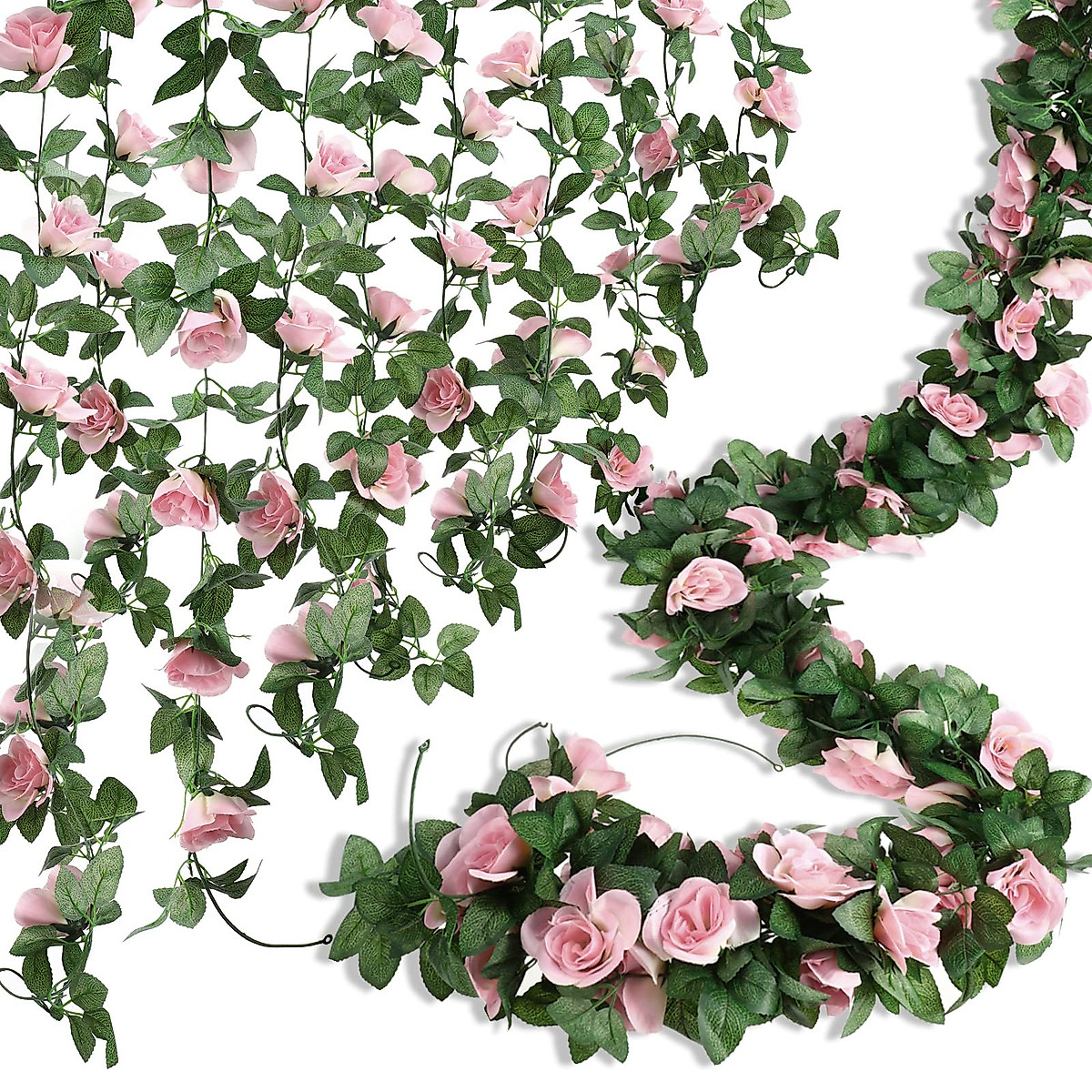 Hoteam 12 Pcs (90 Ft) Pink Fake Rose Vine Garlands for Wedding Artificial Rose Vine Plants Room Decor Flowers Hanging Rose Garland for Wall Wedding Party Backdrop Garden Craft Art Decorations