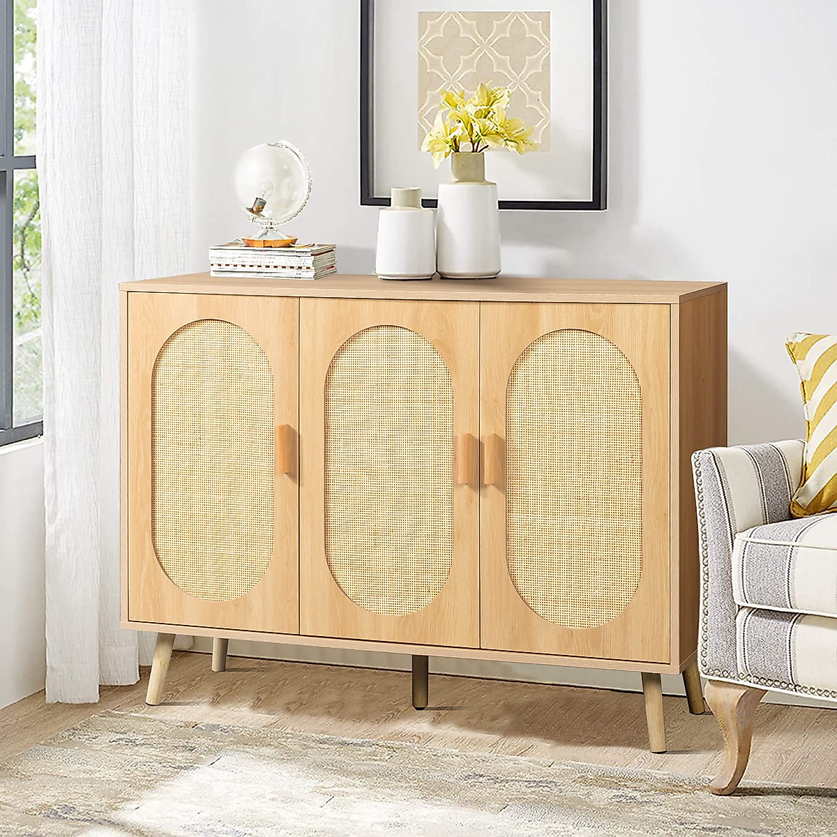 DESIGNSCAPE3D Modern Rattan Shoe Storage Cabinet with Adjustable Shelves - Stylish Furniture and Decor for Living Room, Bedroom, and Hallway