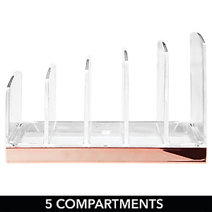 mDesign Plastic Makeup Organizer for Bathroom Countertops, Vanities, Cabinets: Cosmetics Storage Solution for - Eyeshadow Palettes, Contour Kits - 5 Sections - Lumiere Collection - Clear/Rose Gold
