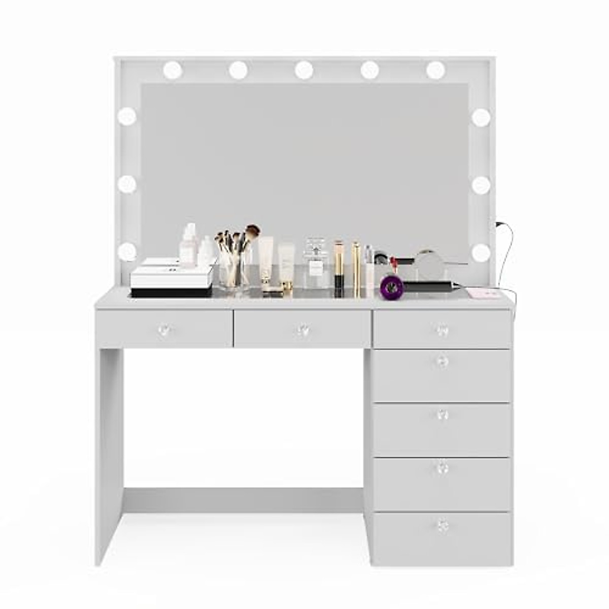 Boahaus Serena Modern Makeup Vanity with Hollywood Light Bulbs Add-On, 7 Drawers, Wide Mirror, Glam Glass Top for Bedroom