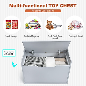Costzon Kids Wooden Toy Chest, Wide Toy Box Storage Chest with Bench Seat, Toy Storage Trunk Case with Finger-Pinch Prevention, Lift-Top Foot Rest Seat for Toddler Bedroom Playroom Entry (Grey)