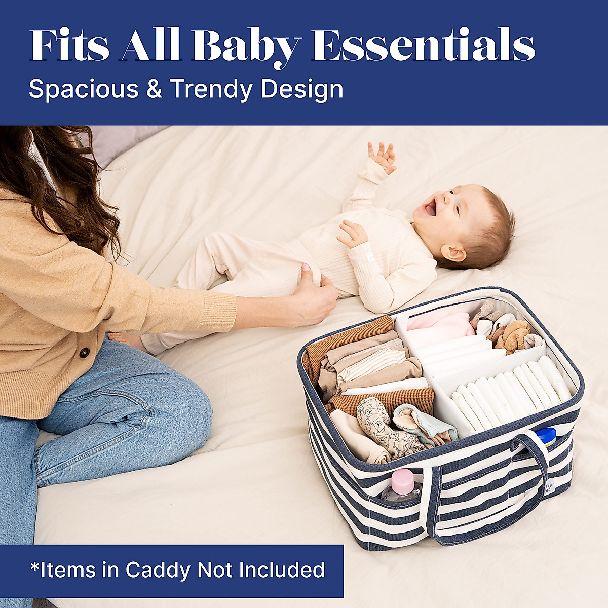 Baby Diaper caddy organizer, Baby Caddy for Newborn.-Extra large diaper caddy, Diaper bag storage caddy, Blissful Bump, Striped White and Navy Blue