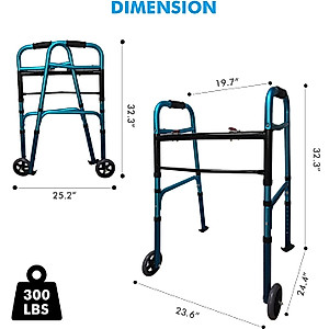 UNLICON- Mobility Heavy Duty Folding Walker for Seniors，Bariatric Walker with 5 Inches Wheels for Seniors Wide Walker Supports up to 300 lbs