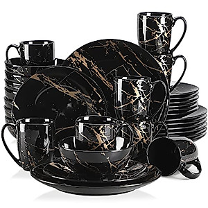 LOVECASA Black Dish Set for 8, 32 Piece Porcelain Dinnerware Sets Plates and Bowls Sets, Gold Splash Glaze Round Dinner Plates, Stylish and Modern Dinner Set with Mugs, Dishwasher & Microwave Safe