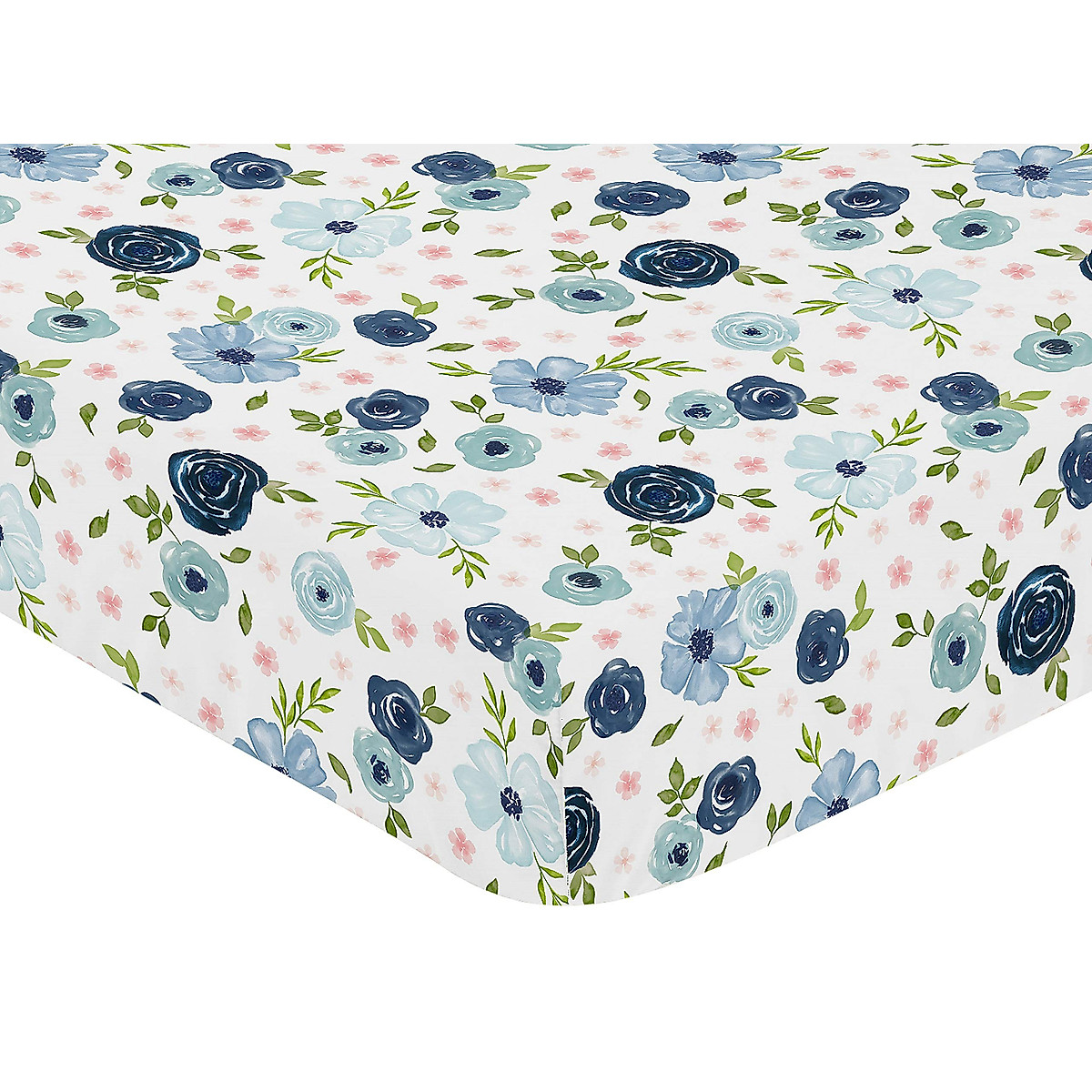 Sweet Jojo Designs Floral Girl Jersey Stretch Knit Baby Fitted Crib Sheet for Soft Toddler Bed Nursery - Navy Blue and Blush Pink Boho Shabby Chic Rose Watercolor Flower