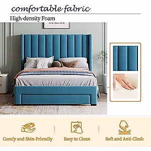 Queen Size Velvet Upholstered Platform Bed Frame with Storage Drawer and Tufted Headboard for Boys Girls Teens Adults, No Box Spring Needed, Easy Assembly (Blue, Queen)