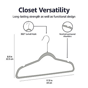 Amazon Basics Slim, Velvet, Non-Slip Suit Clothes Hangers, Gray/Silver - Pack of 50