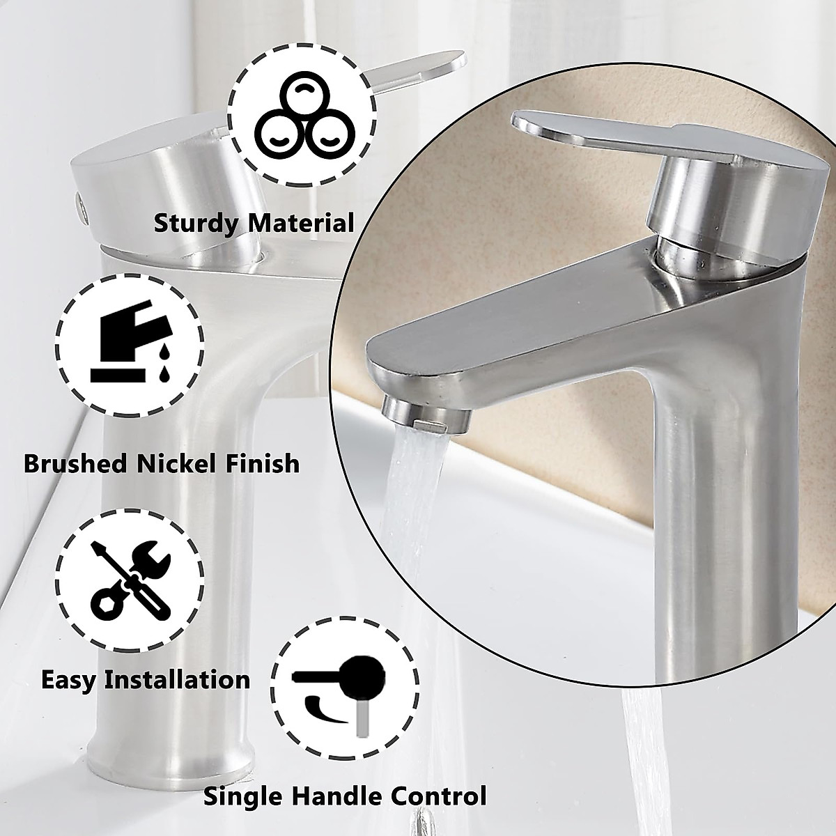 VAPSINT Brushed Nickel Bathroom Faucets, Single Hole Single Handle Bathroom Sink Faucet, Commercial Stainless Steel 1 Hole Bathroom Vanity RV Sink Faucet with Water Supply Lines