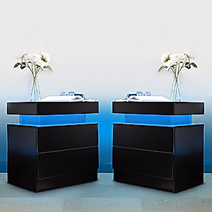 i-aplus Nightstand Set of 2 LED Nightstand with 2 Drawers, Bedside Table with Drawers for Bedroom Furniture, Side Bed Table with LED Light, Black