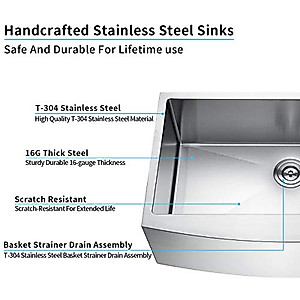 Keonjinn Kitchen Sink, 33-inch Apron-front Farmhouse 16 Gauge Stainless Steel Single Bowl