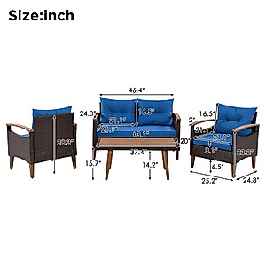 Hlcodca 4 Piece Wicker Patio Conversation Furniture Set,PE Rattan Patio Seating Set with Acacia Wood Tabletop and Legs, Outdoor Sofa Set for Balcony, Porch, Backyard (Brown and Blue/)