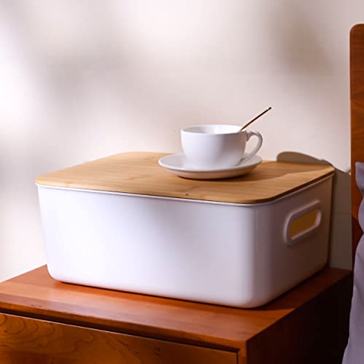 Citylife 2 PCS Storage Bins with Bamboo Lids Plastic Storage Containers for Organizing Stackable Storage Box with Handle, 15.12 x 10.67 x 5.98 inch