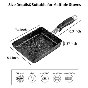 RATWIA Premium Tamagoyaki Pan 7" x 5" - Japanese Omelette Pan Nonstick - Japanese Egg Pan with Lid and Oil Brush - Omelette Pan - Tamago Pan - Omelet Pan - Small Egg Pan - Square Pan