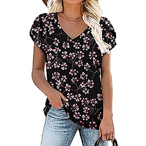 Womens Tops Dressy Casual for A Wedding,Women Fashion V Neck Button Pleated Print Loose Casual T Shirt Top Floral Find Womens Short Sleeve Lapel Half Zip