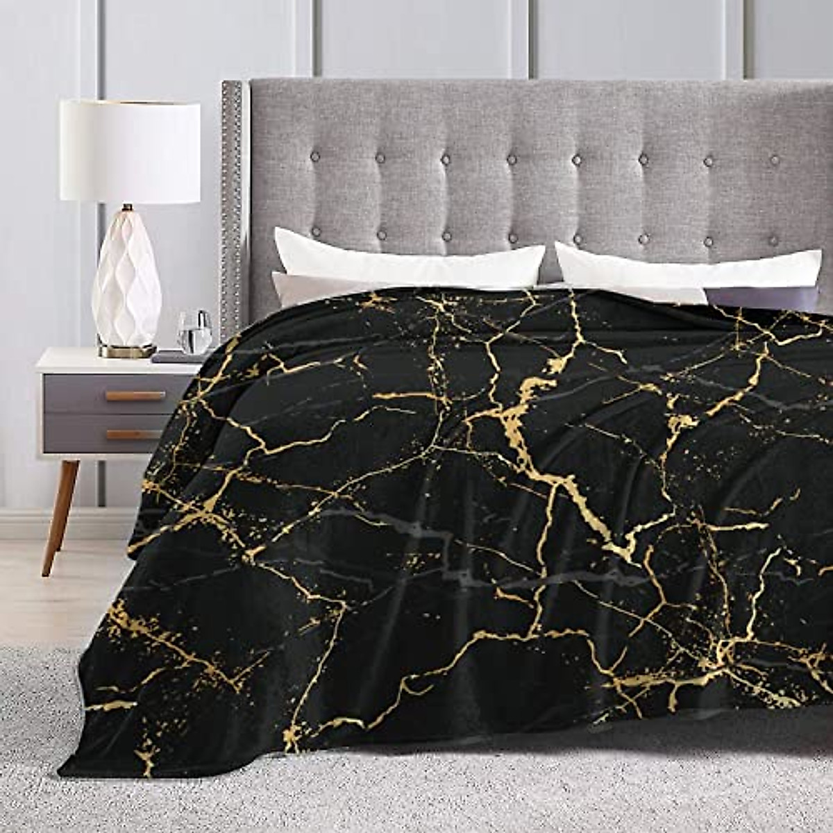 Perinsto Black and Golden Yellow Marble Throw Blanket Ultra Soft Warm All Season Marbling Texture Decorative Fleece Blankets for Bed Chair Car Sofa Couch Bedroom 50"X40"