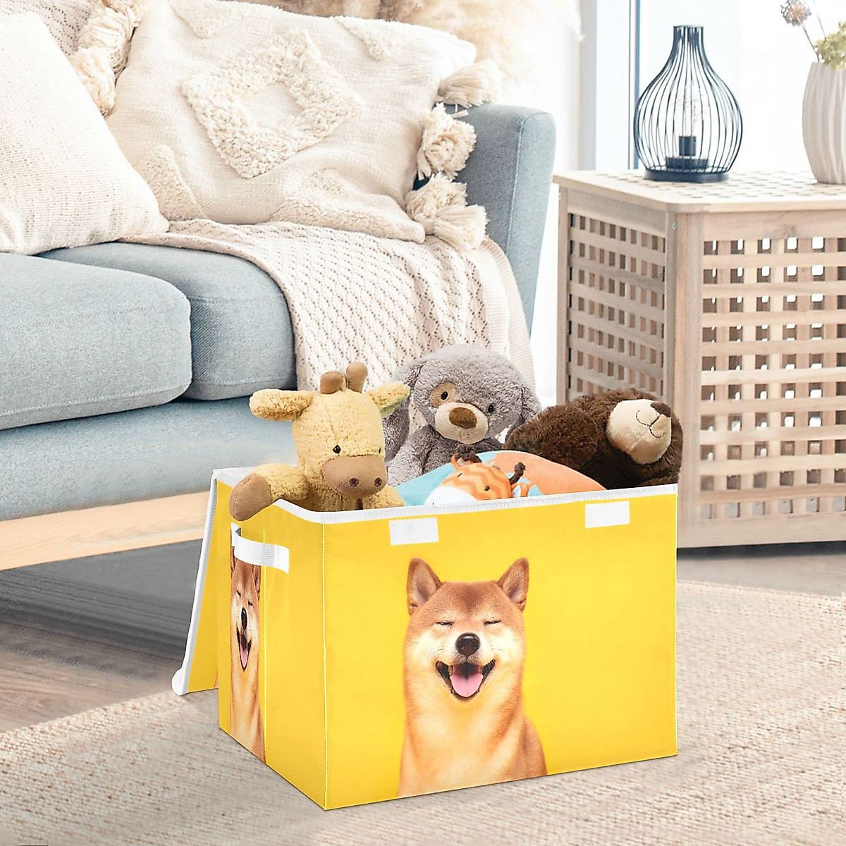 Wusikd Shiba Inu Dog Storage Basket Yellow Storage Boxes with Lids and Handle, Large Storage Cube Bin Collapsible for Shelves Closet Bedroom Living Room, 16.5x12.6x11.8 In